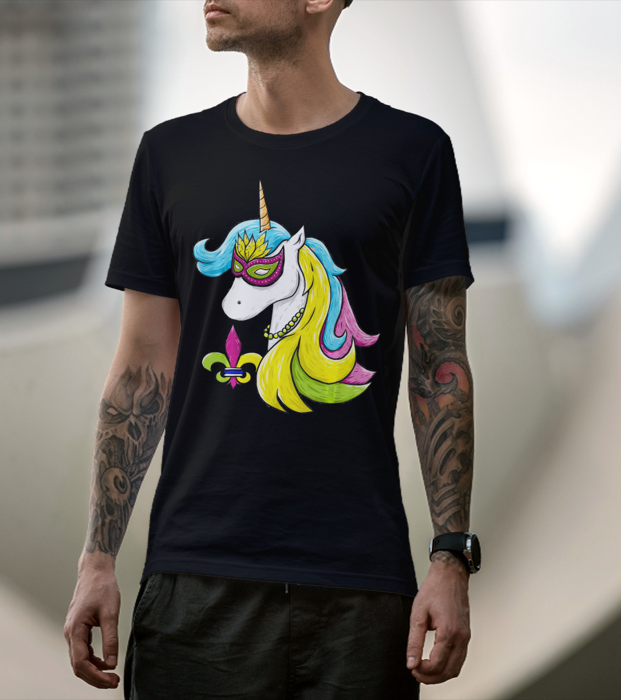 Mardi Gras Unicorn Mask With Fleur-de-Lis And Colorful Hair Fat Tuesday T-Shirt