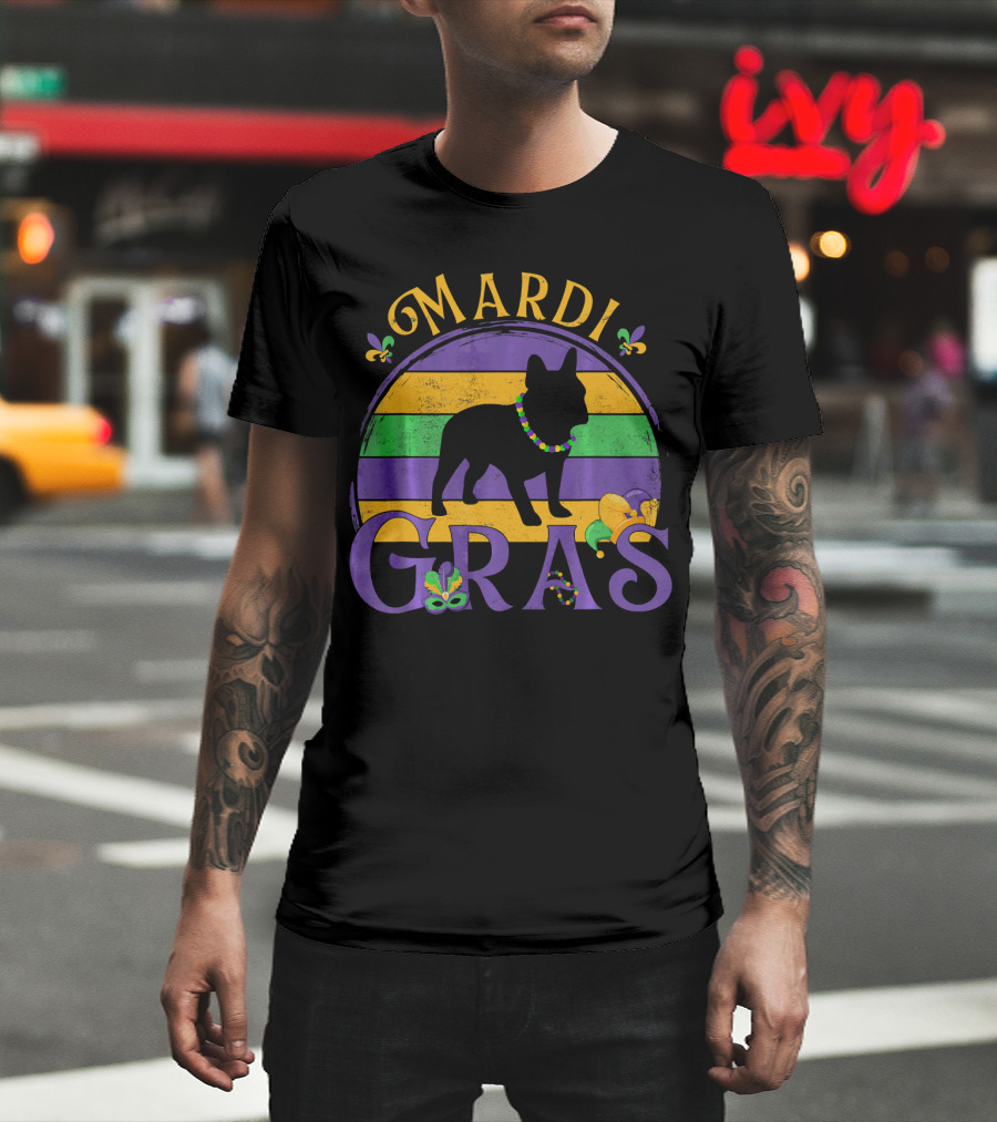Mardi Gras French Bulldog Beads Festive Celebration Fleur-de-Lis T-Shirt