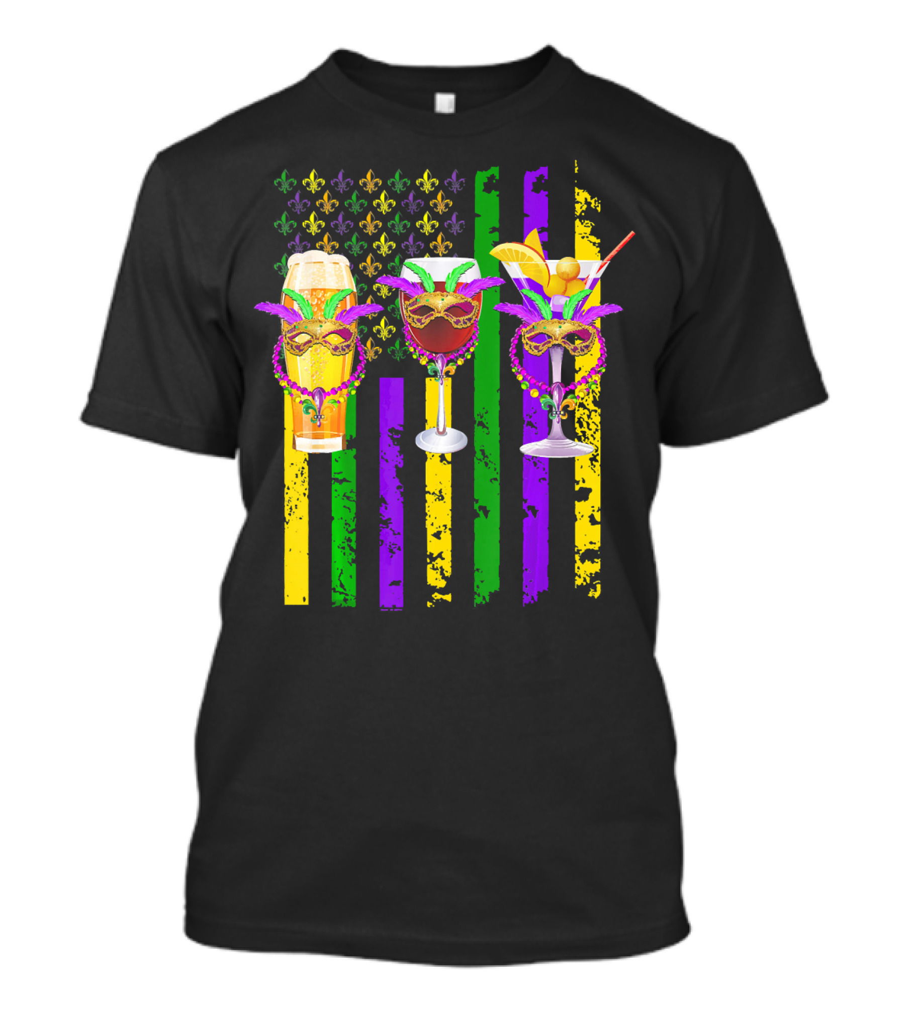 Beer Wine Cocktails With Masks And Beads Fleur-de-Lis Mardi Gras Colors T-Shirt