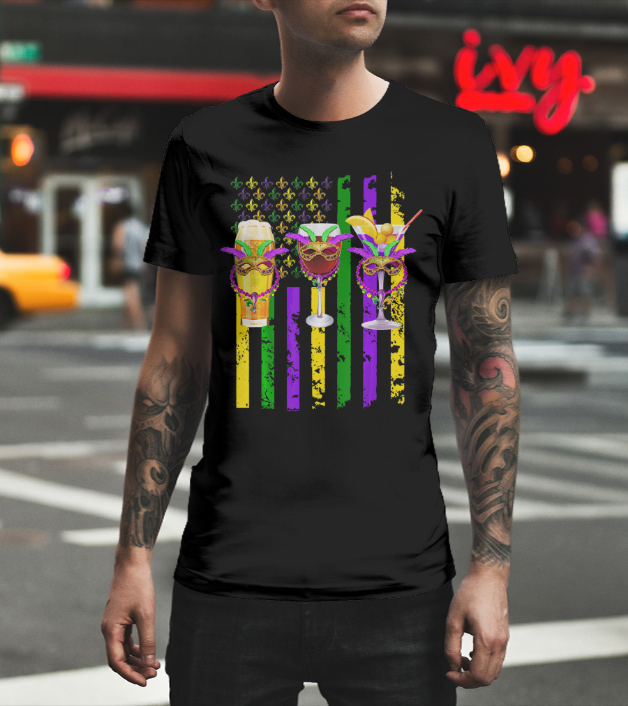 Beer Wine Cocktails With Masks And Beads Fleur-de-Lis Mardi Gras Colors T-Shirt