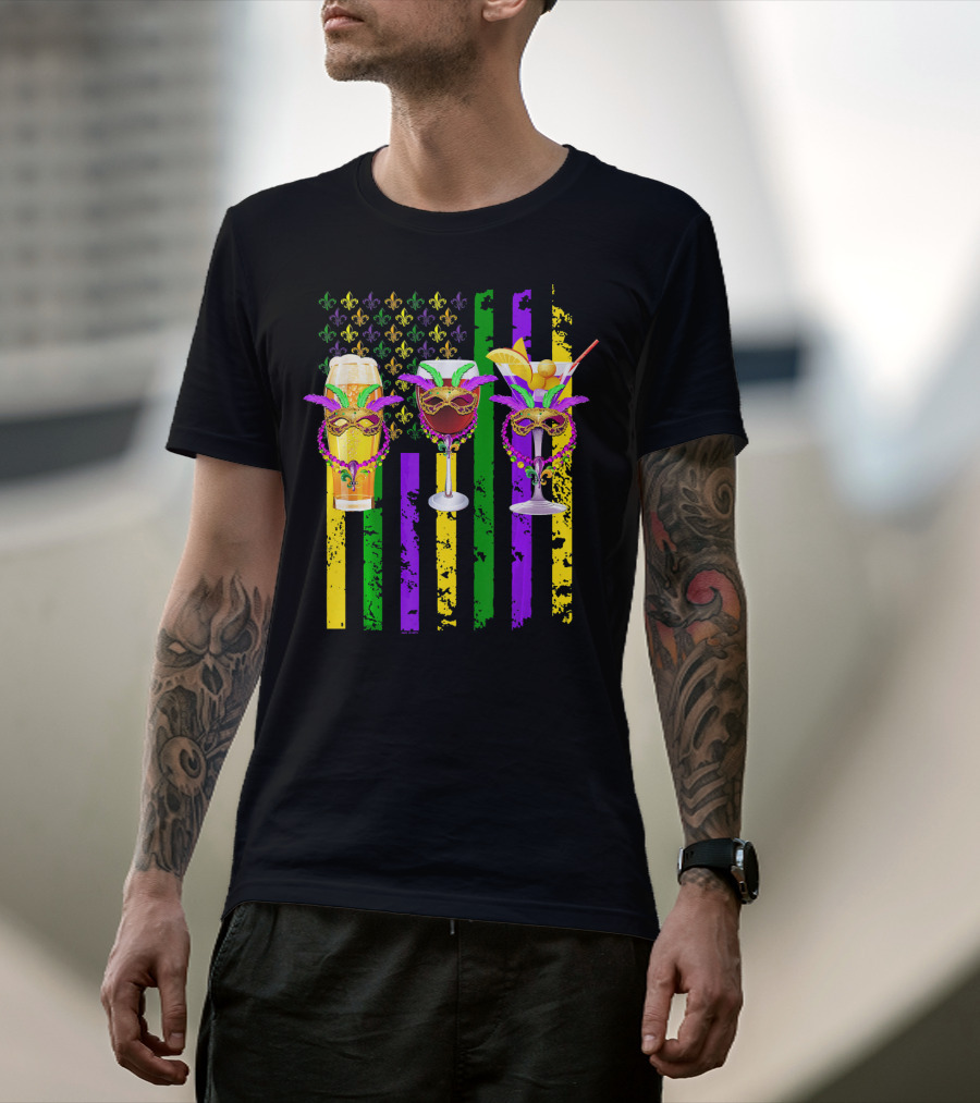 Beer Wine Cocktails With Masks And Beads Fleur-de-Lis Mardi Gras Colors T-Shirt