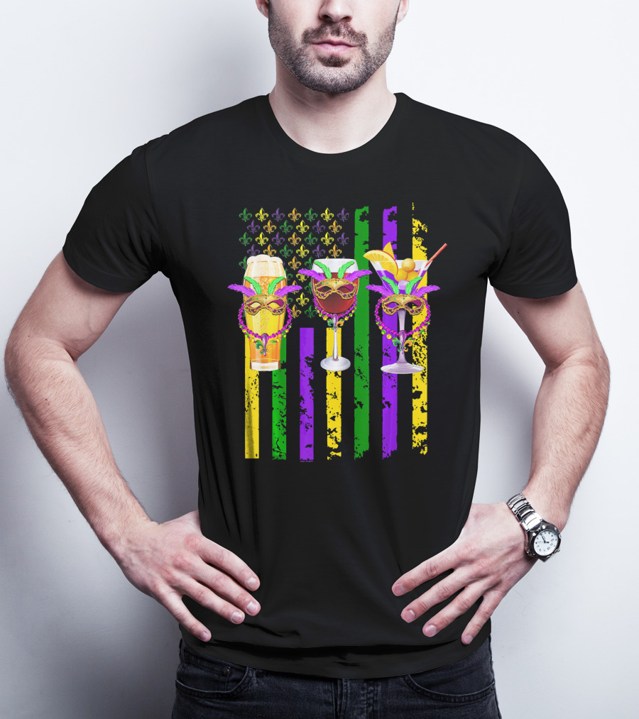 Beer Wine Cocktails With Masks And Beads Fleur-de-Lis Mardi Gras Colors T-Shirt