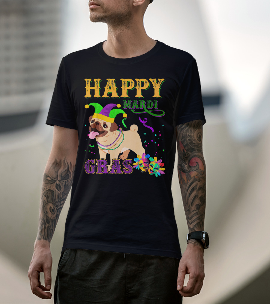Happy Mardi Gras Pug Dog Costume Party T-Shirt