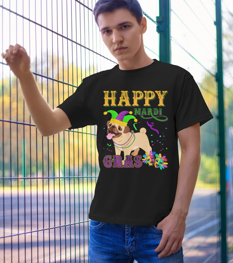 Happy Mardi Gras Pug Dog Costume Party T-Shirt