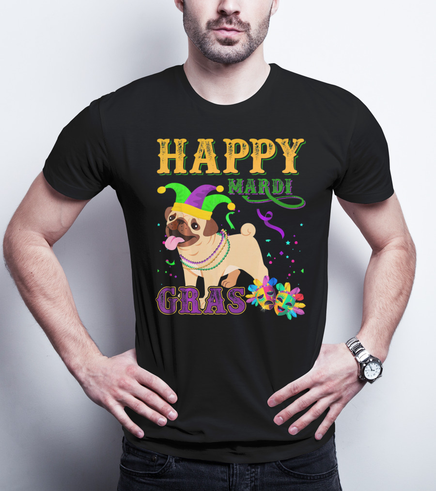 Happy Mardi Gras Pug Dog Costume Party T-Shirt