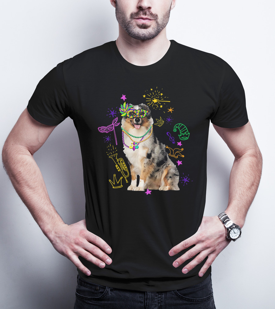 Australian Shepherd Dog With Mardi Gras Beads And Mask T-Shirt