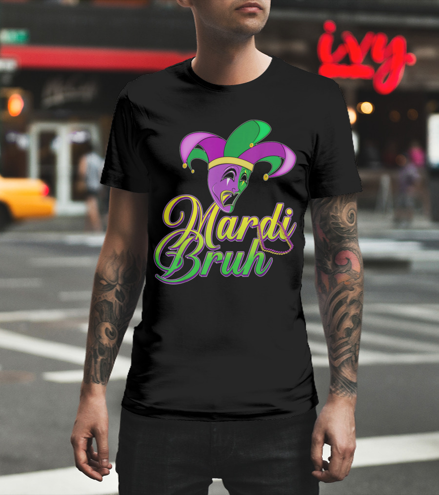 Mardi Bruh Jester Mask And Beads Mens Mardi Gras Funny Coupl T-Shirt