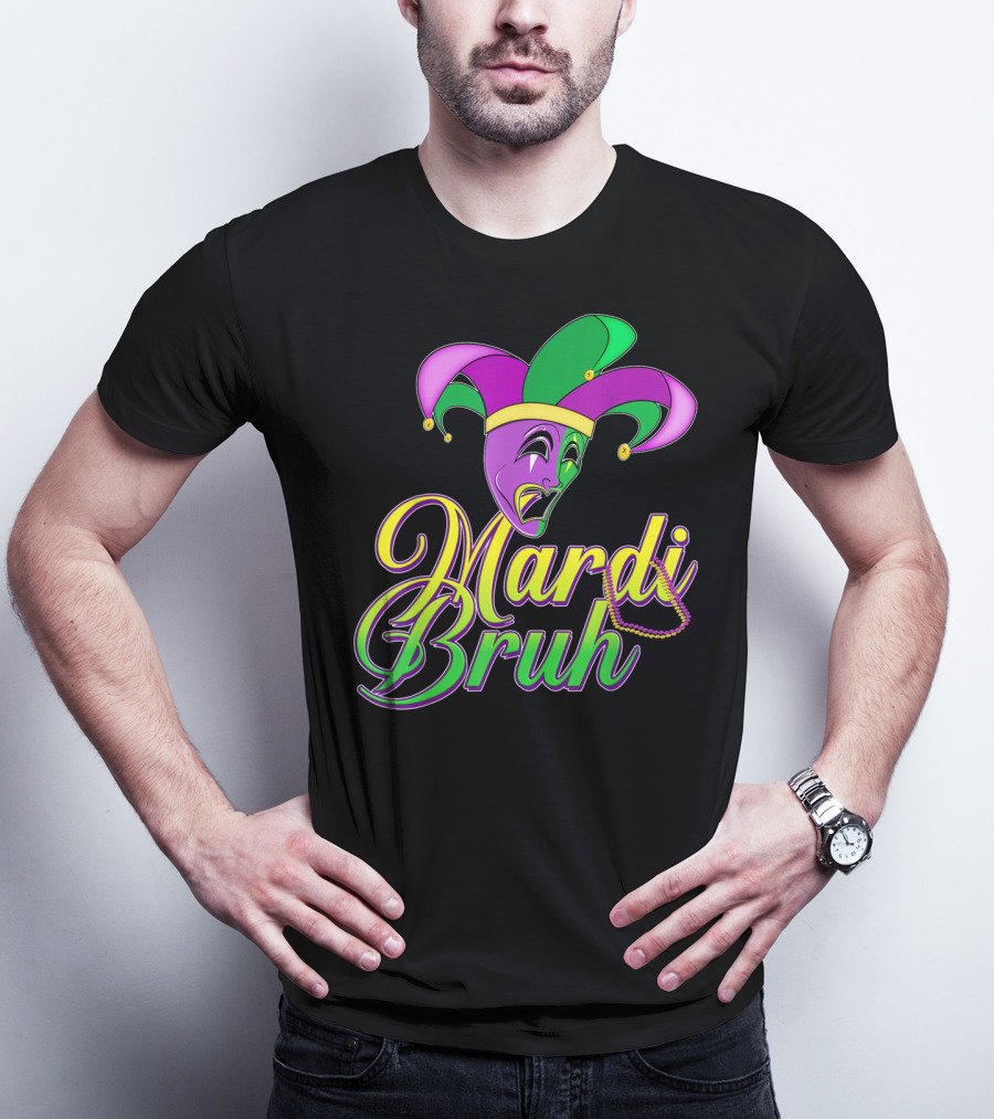 Mardi Bruh Jester Mask And Beads Mens Mardi Gras Funny Coupl T-Shirt