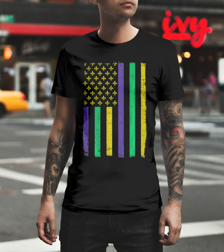 American Flag Mardi Gras Fleur De Lis Stripes T-Shirt