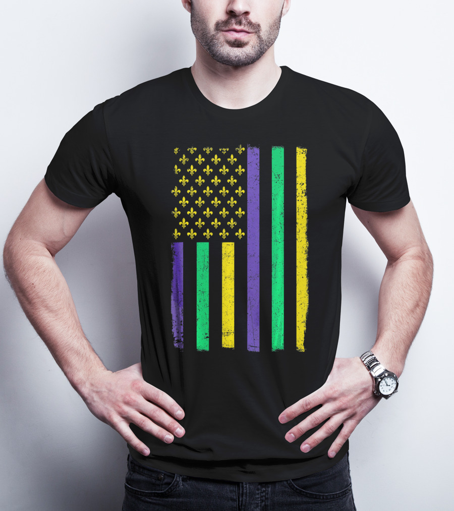 American Flag Mardi Gras Fleur De Lis Stripes T-Shirt