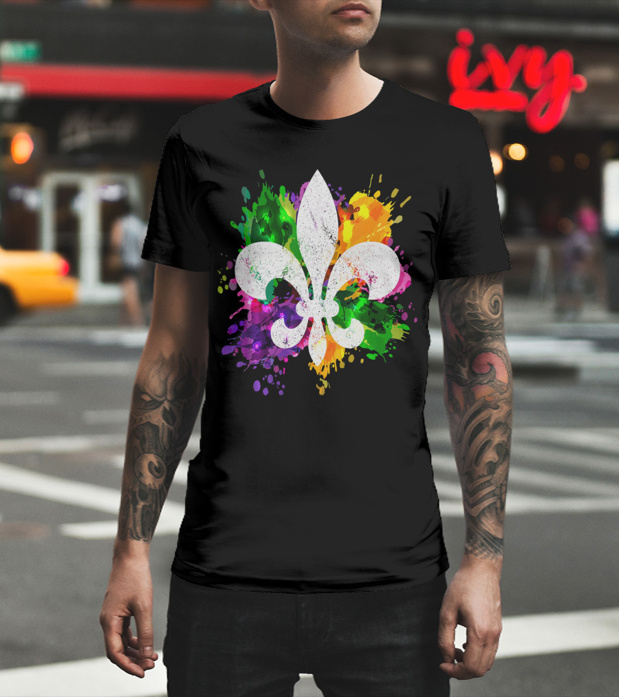 Mardi Gras Fleur De Lis Colorful Splatter Background T-Shirt