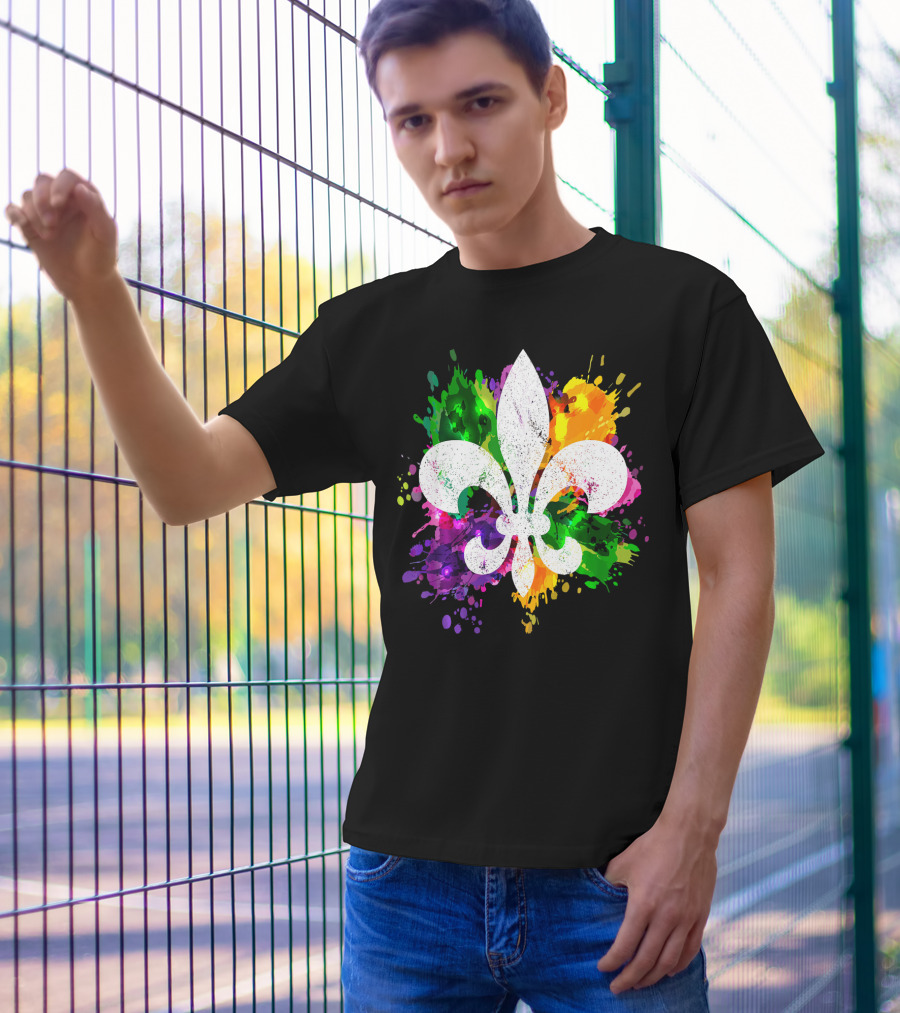 Mardi Gras Fleur De Lis Colorful Splatter Background T-Shirt