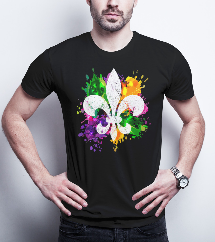 Mardi Gras Fleur De Lis Colorful Splatter Background T-Shirt