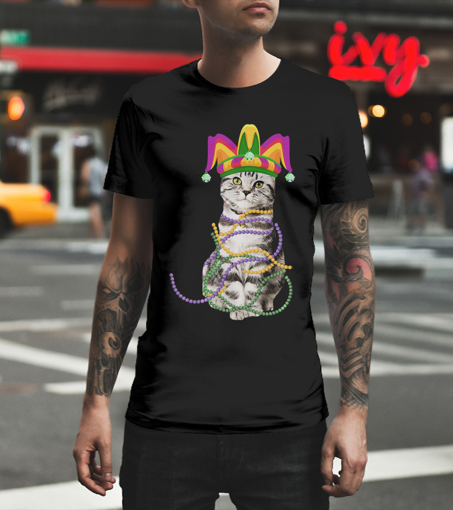 Mardi Gras Cat With Jester Hat And Beads Costume Kitte T-Shirt