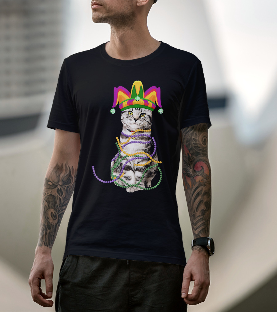 Mardi Gras Cat With Jester Hat And Beads Costume Kitte T-Shirt