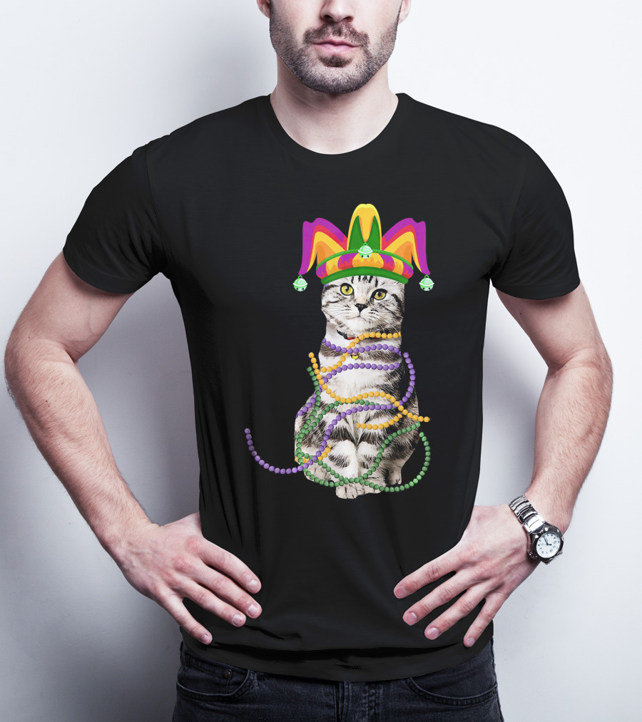 Mardi Gras Cat With Jester Hat And Beads Costume Kitte T-Shirt