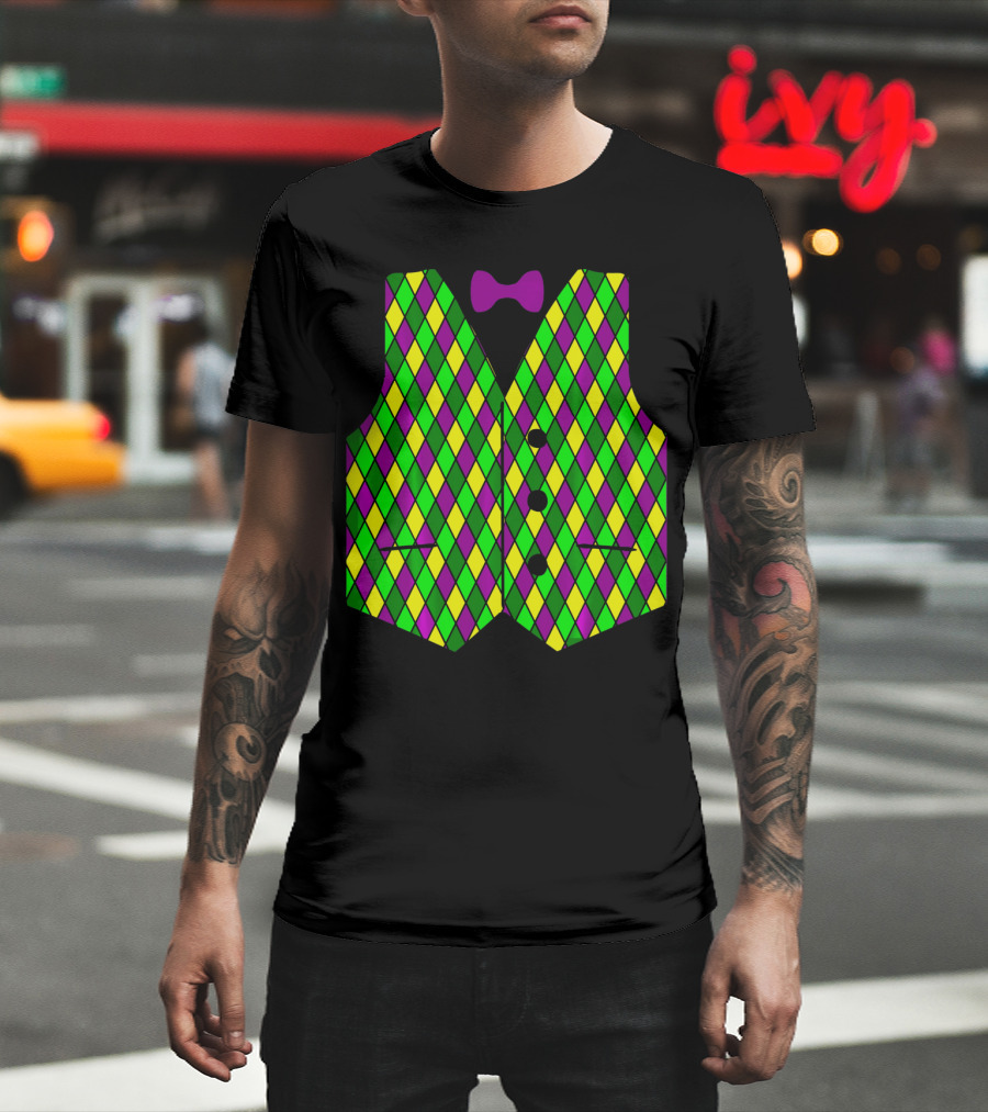 Mardi Gras Vest Harlequin Pattern Diamond Print Bowtie T-Shirt