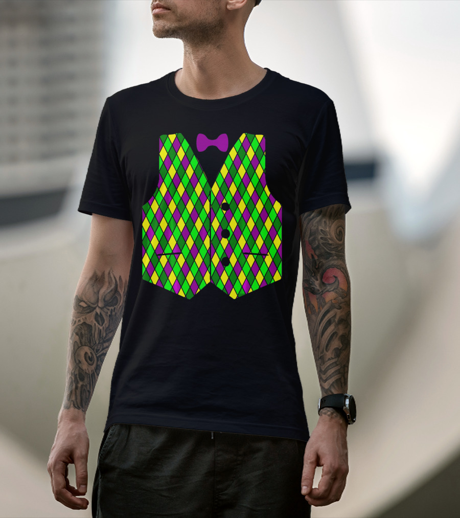 Mardi Gras Vest Harlequin Pattern Diamond Print Bowtie T-Shirt