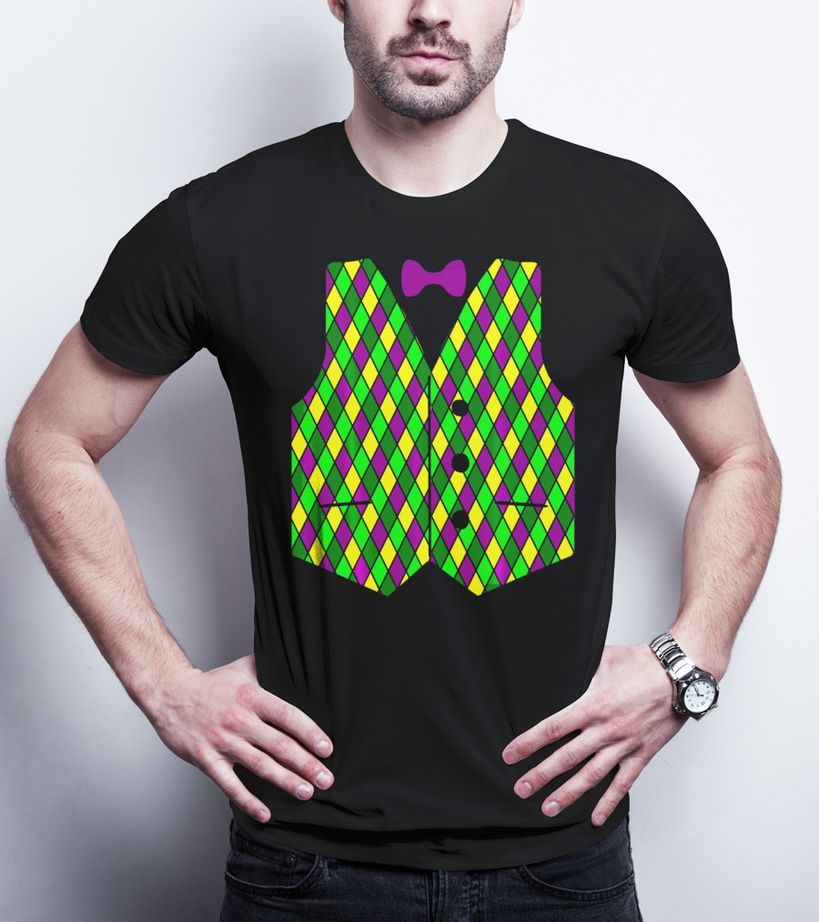Mardi Gras Vest Harlequin Pattern Diamond Print Bowtie T-Shirt