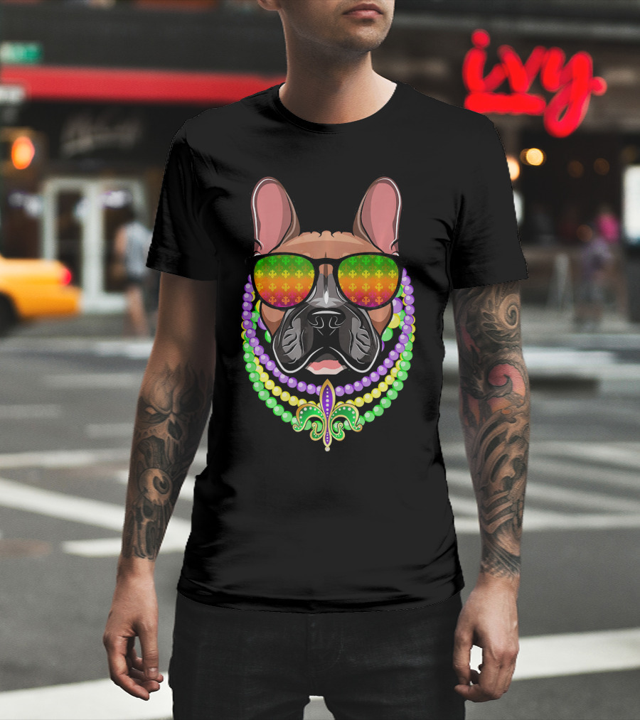 French Bulldog With Beads And Fleur-de-Lis Sunglasses For Mardi Gras T-Shirt
