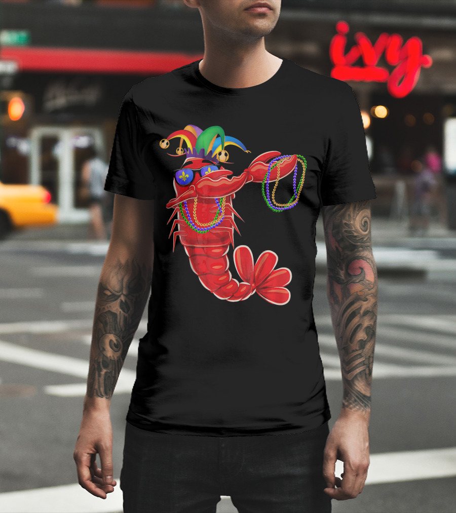 Mardi Gras Lobster Dabbing With Colorful Beads And Jester Hat T-Shirt