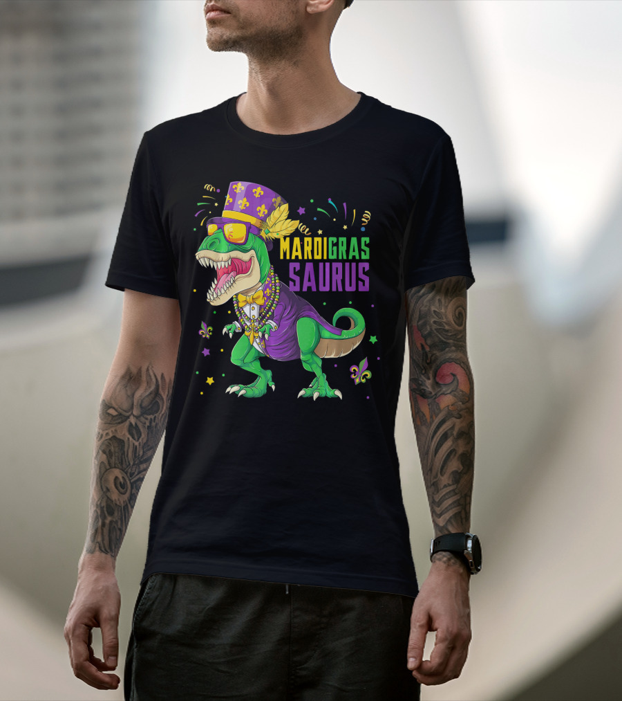 Mardi Gras Saurus T Rex Dinosaur Jester Kids T-Shirt