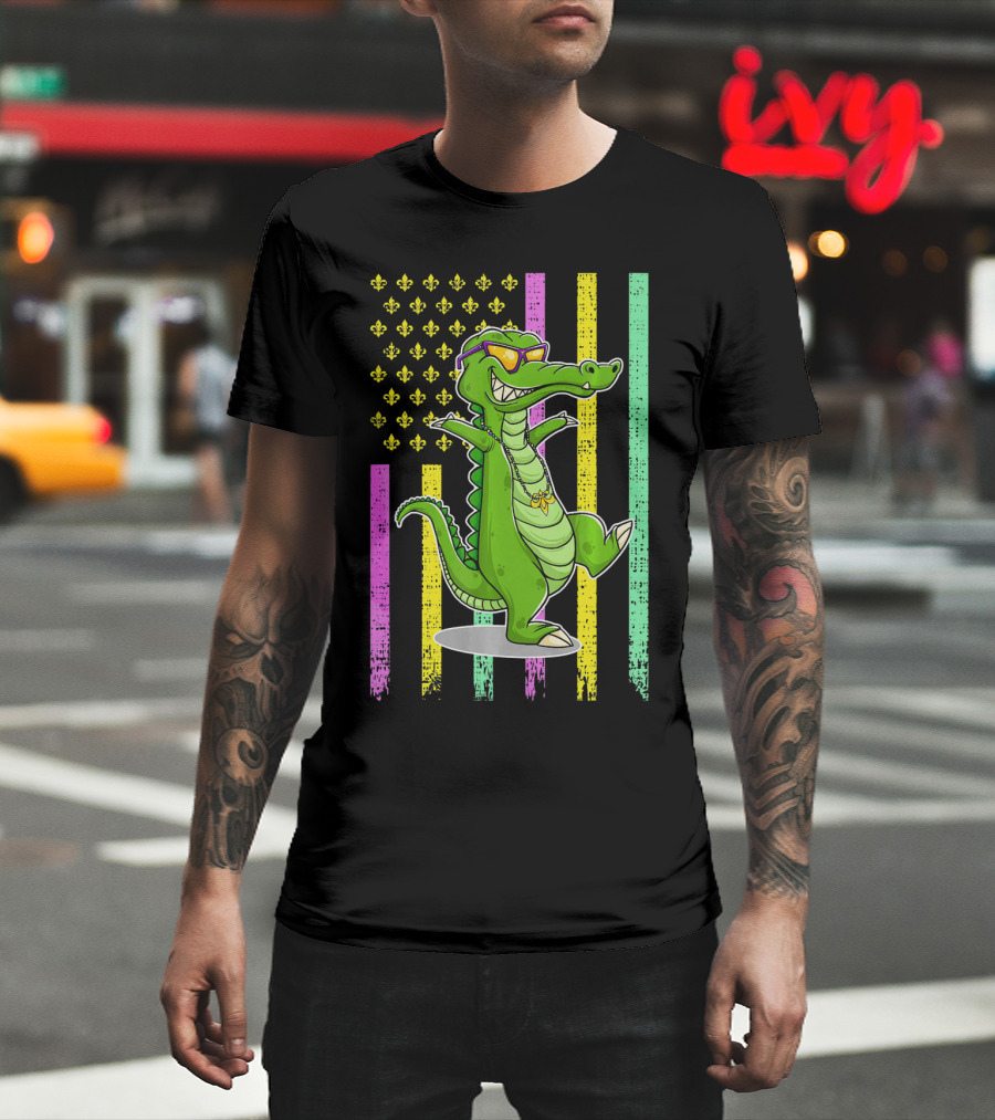 Mardi Gras Alligator With Sunglasses And Flag Background T-Shirt