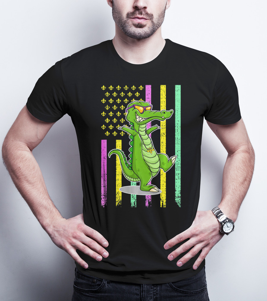Mardi Gras Alligator With Sunglasses And Flag Background T-Shirt