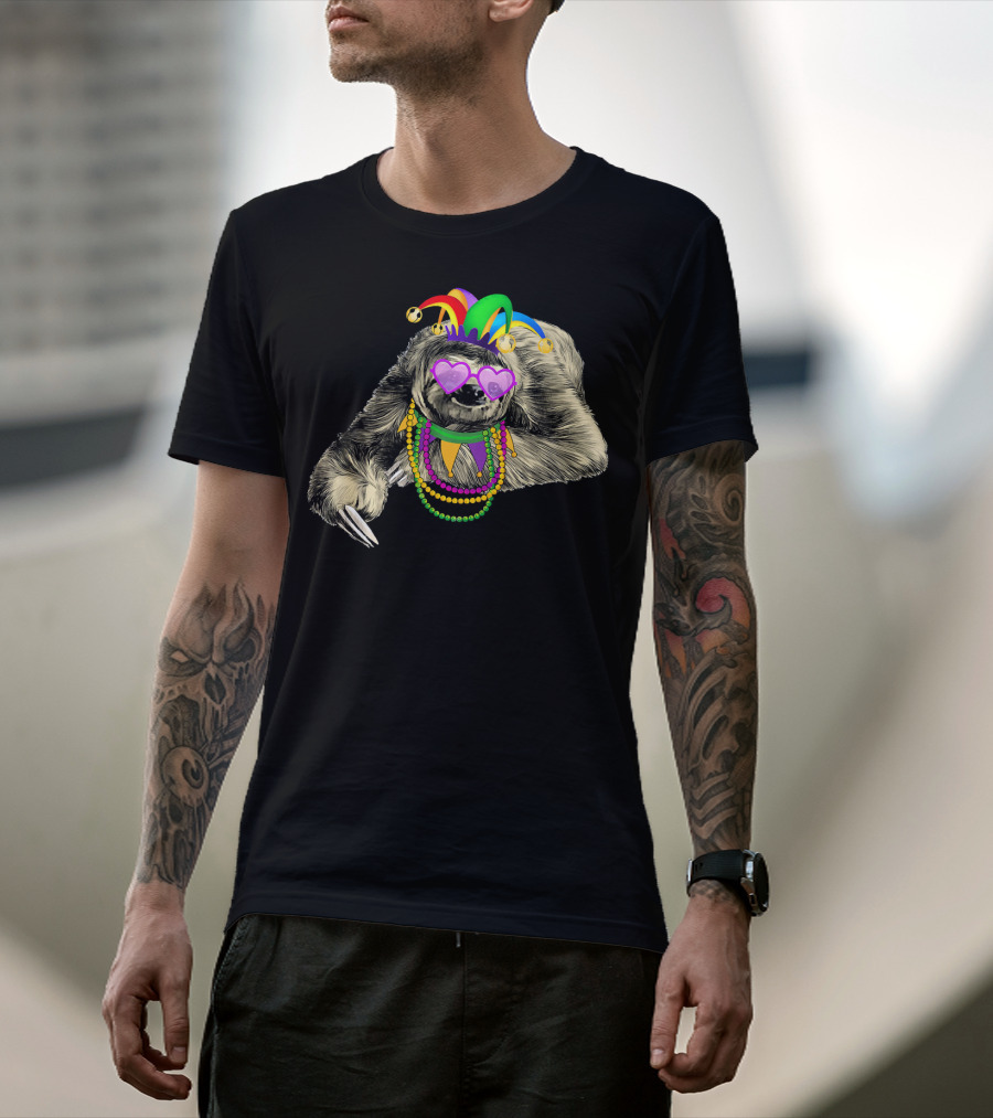 Funny Mardi Gras Jester Sloth With Beads And Mask T-Shirt