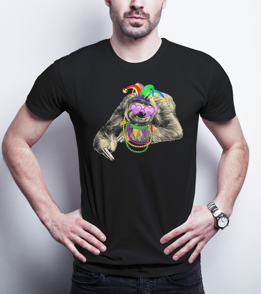 Funny Mardi Gras Jester Sloth With Beads And Mask T-Shirt