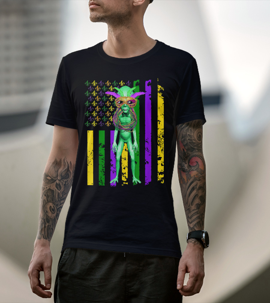 Mardi Gras Alien With Beads And Mask On American Flag T-Shirt