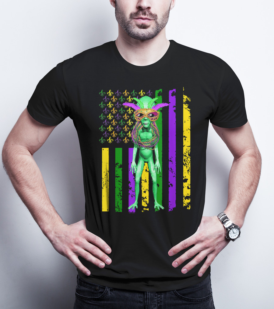 Mardi Gras Alien With Beads And Mask On American Flag T-Shirt