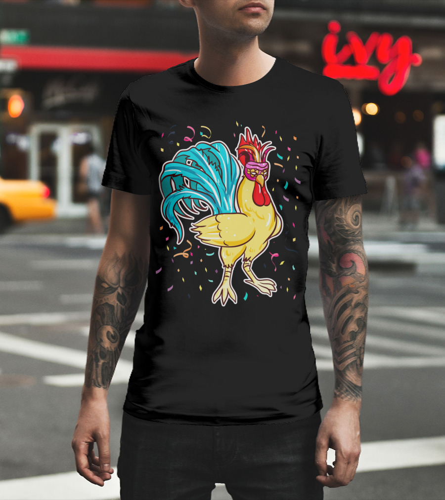 Chicken Mardi Gras Carnival Rooster With Colorful Feathers And Confetti T-Shirt