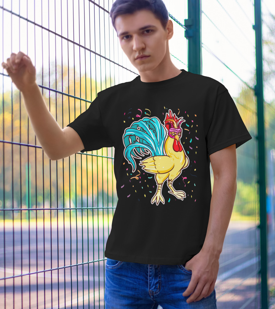 Chicken Mardi Gras Carnival Rooster With Colorful Feathers And Confetti T-Shirt