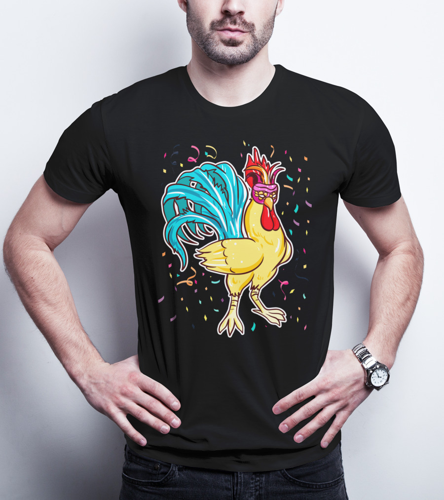 Chicken Mardi Gras Carnival Rooster With Colorful Feathers And Confetti T-Shirt