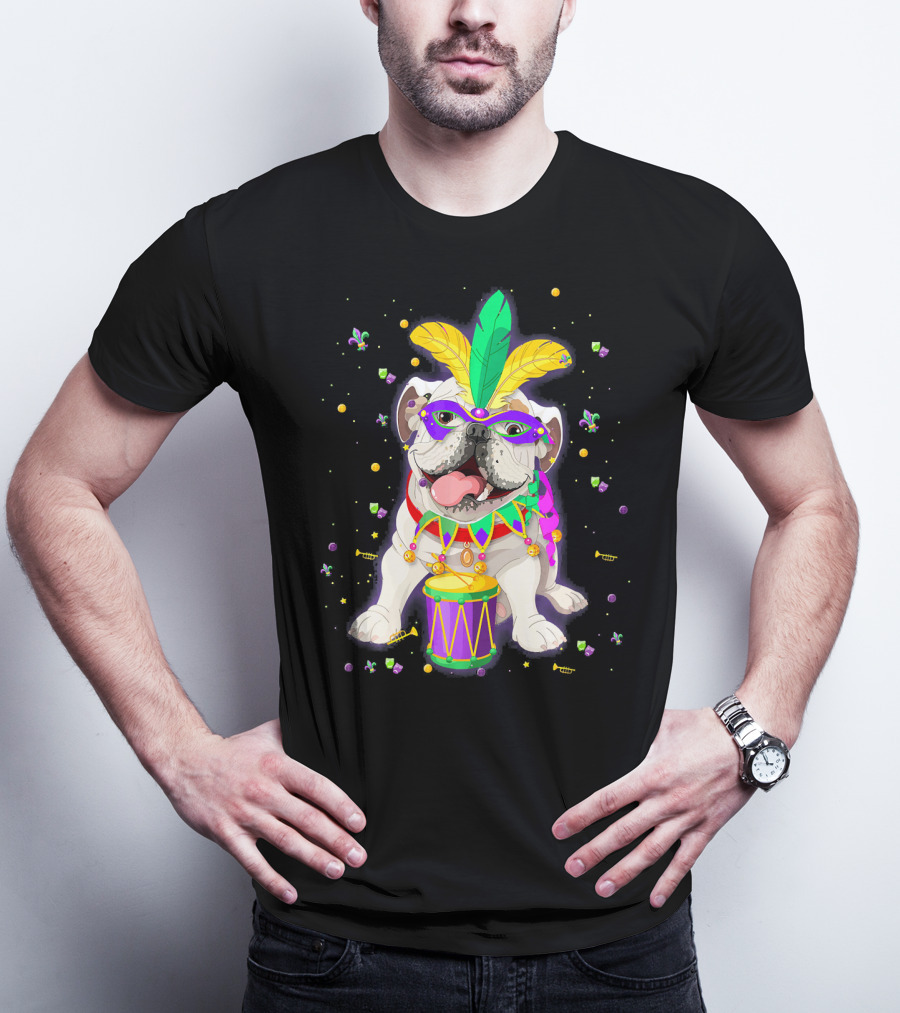 Mardi Gras Bulldog With Mask Beads And Drum T-Shirt