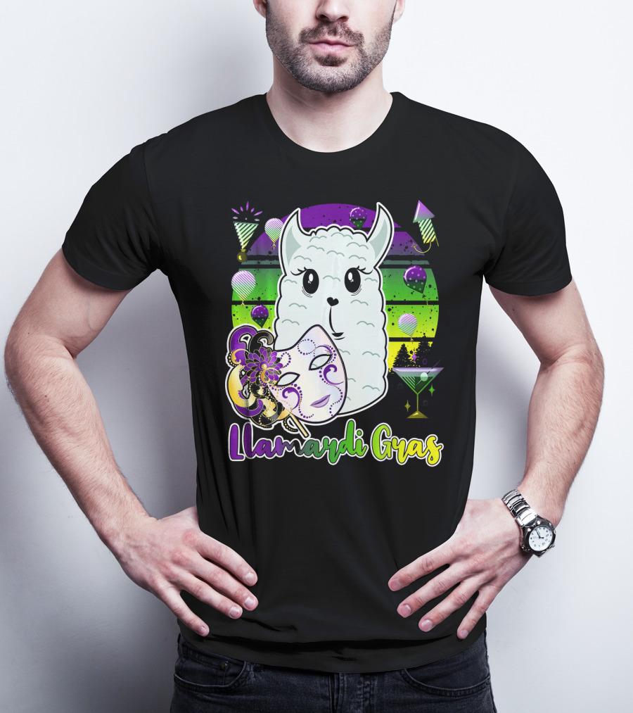 Llamardi Gras Mardi Gras Carnival Mask And Llama With Cocktail And Party Elements T-Shirt