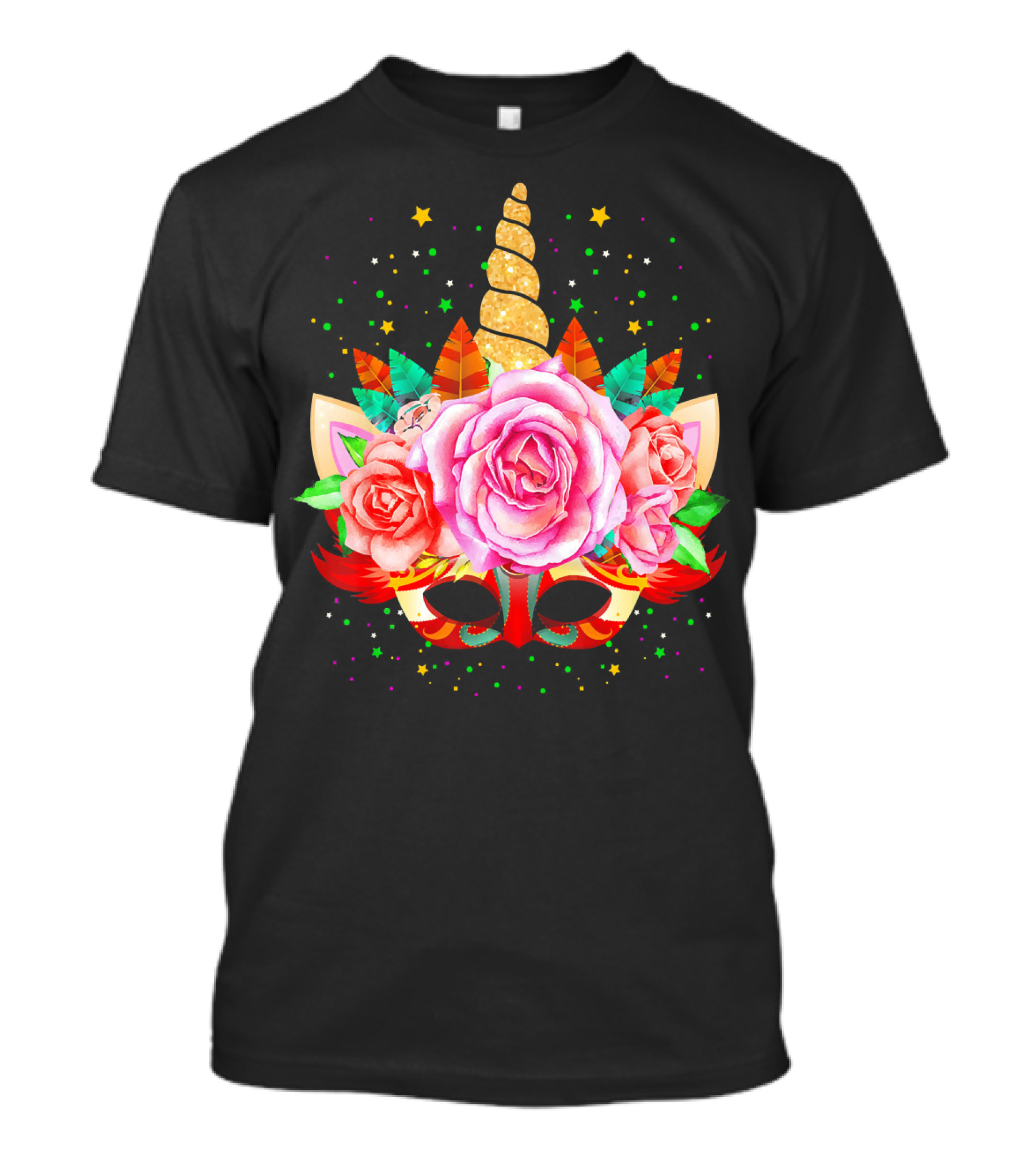Mardi Gras Unicorn Mask With Roses And Feathers T-Shirt