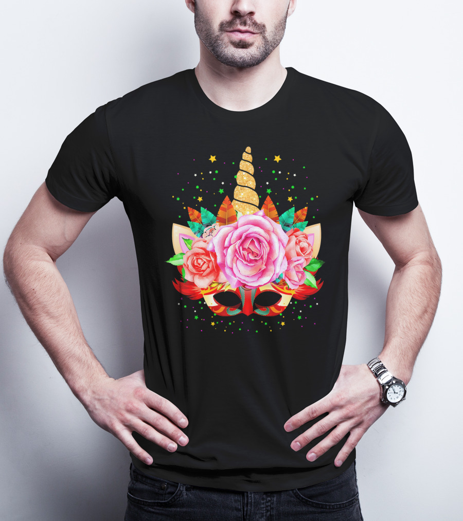 Mardi Gras Unicorn Mask With Roses And Feathers T-Shirt