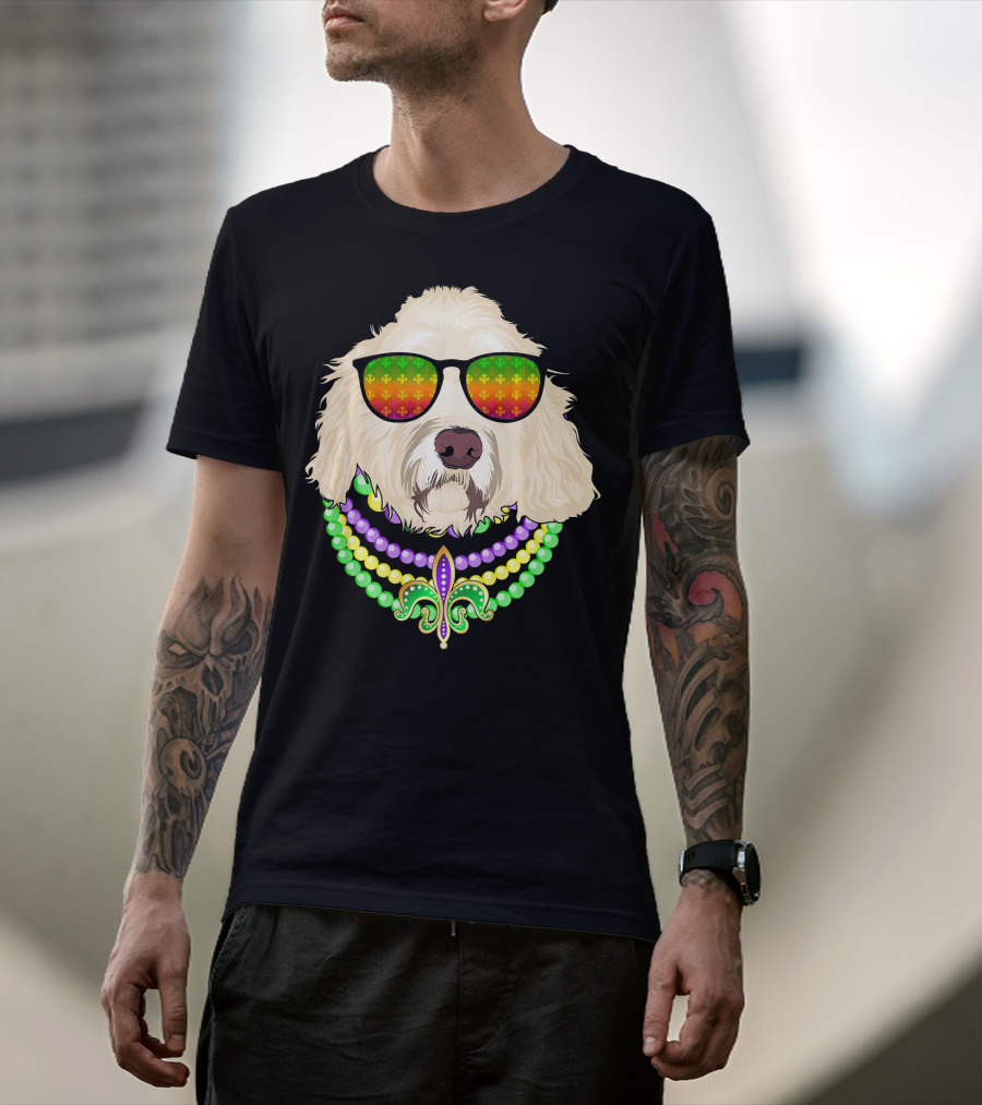 Goldendoodle In Beads And Shades Mardi Gras Fleur-de-Lis T-Shirt