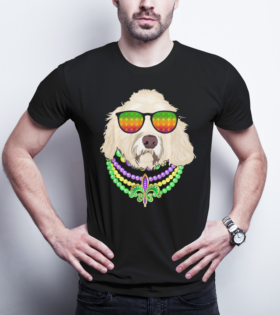 Goldendoodle In Beads And Shades Mardi Gras Fleur-de-Lis T-Shirt