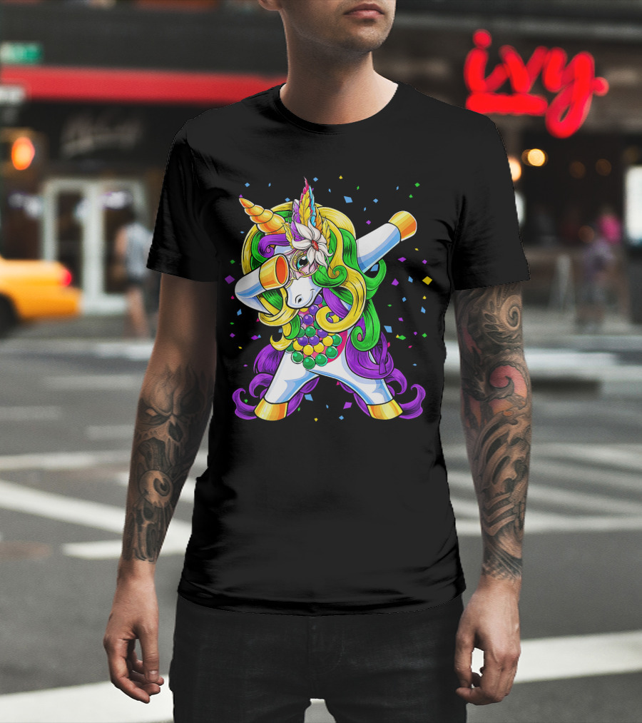 Dabbing Unicorn Mardi Gras Beads With Colorful Confetti T-Shirt