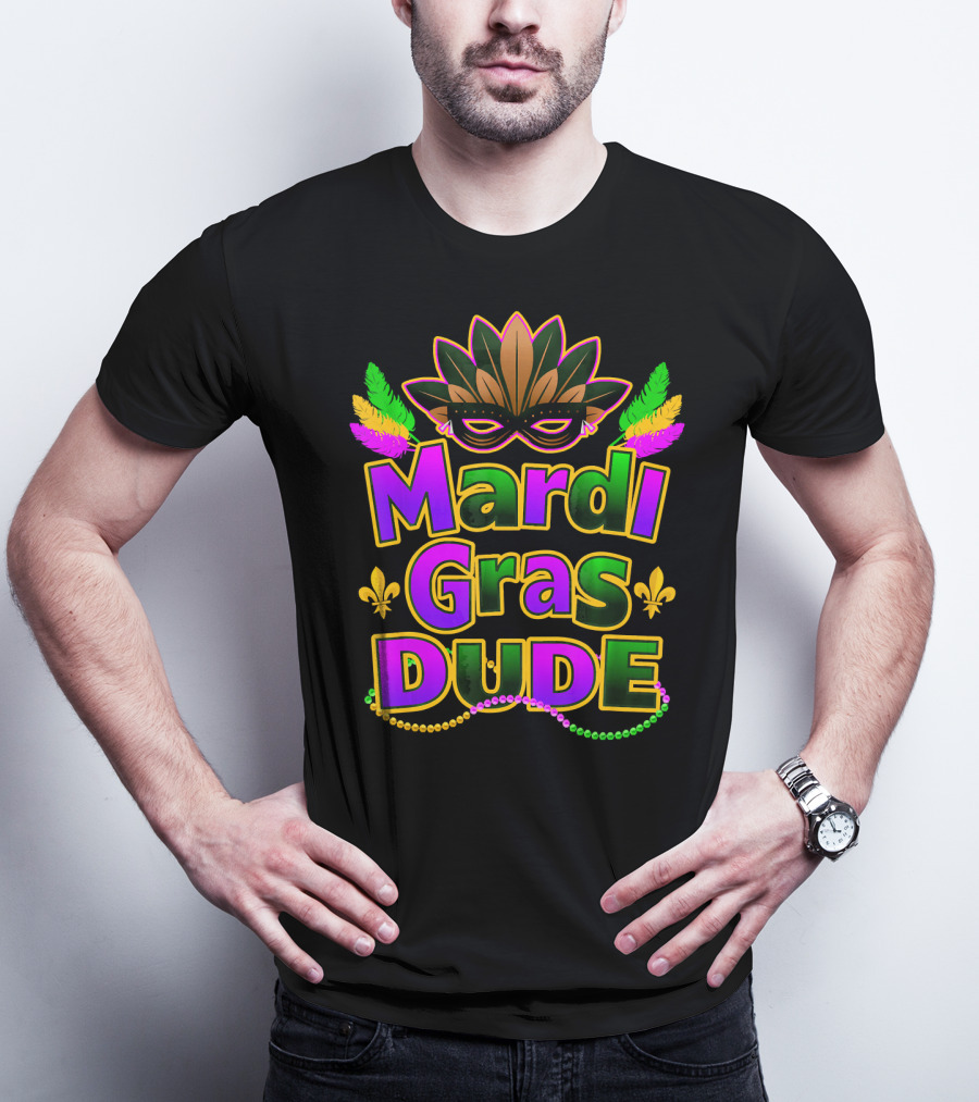 Mardi Gras Dude Mask And Beads With New Orleans Festive Colors T-Shirt
