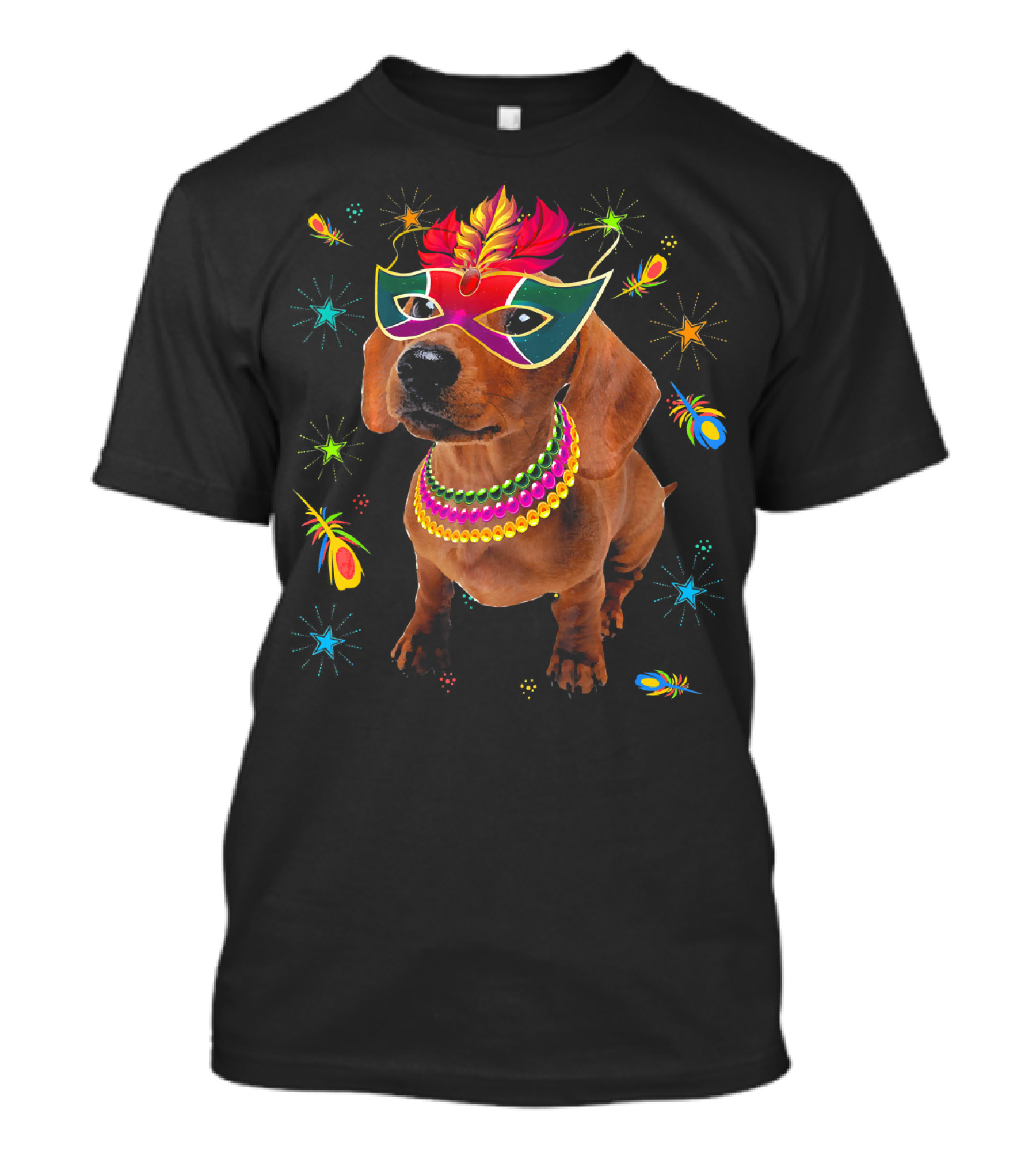 Dachshund Wearing Mardi Gras Mask And Colorful Beads Surrounded By Festive Stars And Feathers T-Shirt