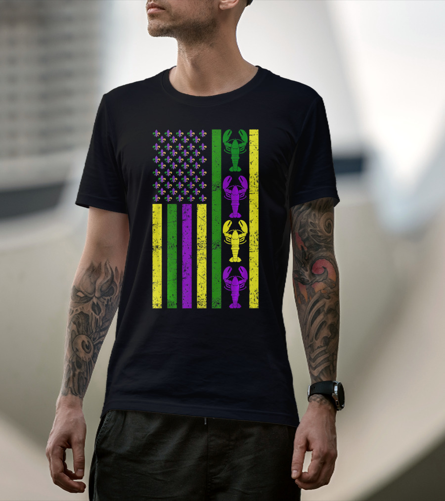 US Mardi Gras New Orleans Crawfish Fleur-de-Lis Flag T-Shirt