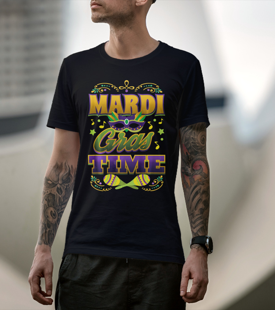 Mardi Gras Time Mask Music Notes Maracas T-Shirt