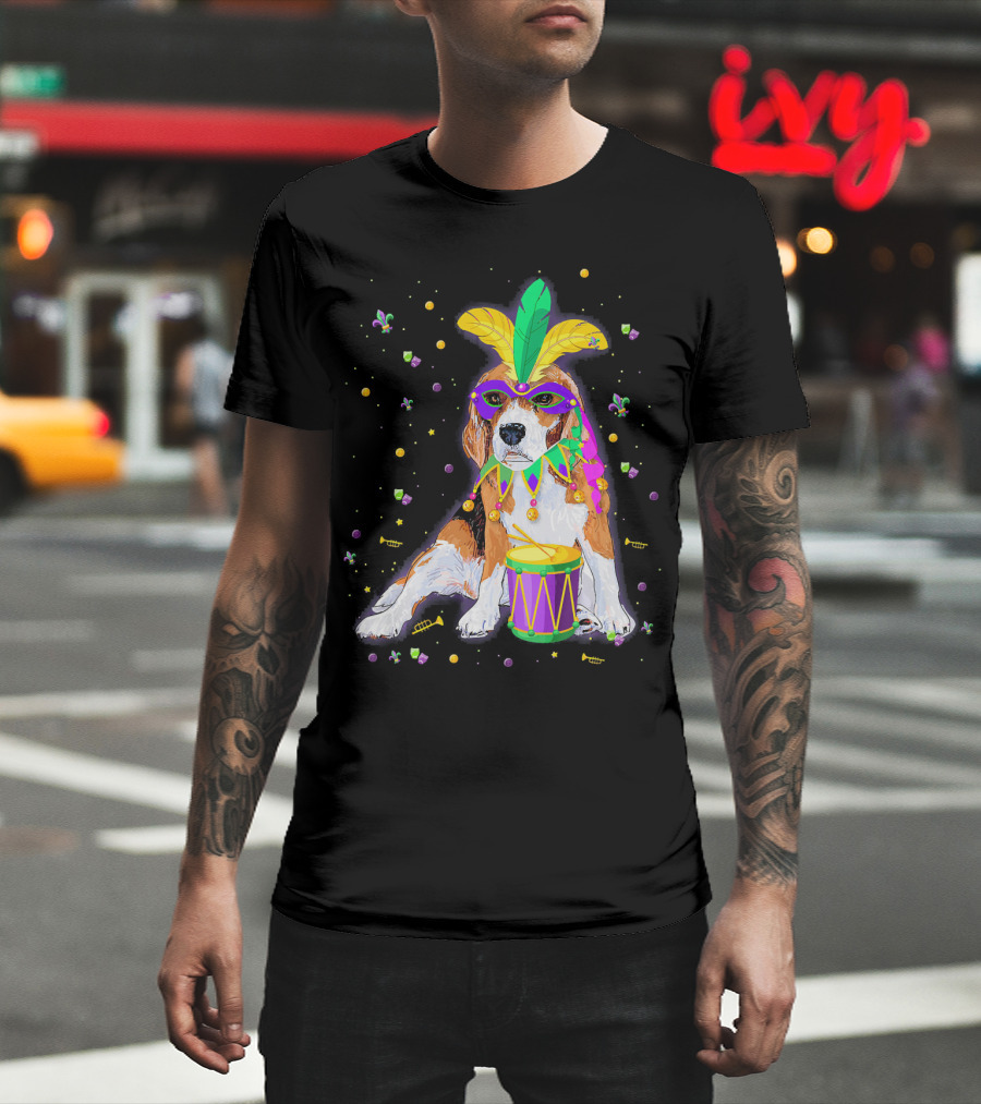 Mardi Gras Beagle In Mask With Feathers And Drum T-Shirt