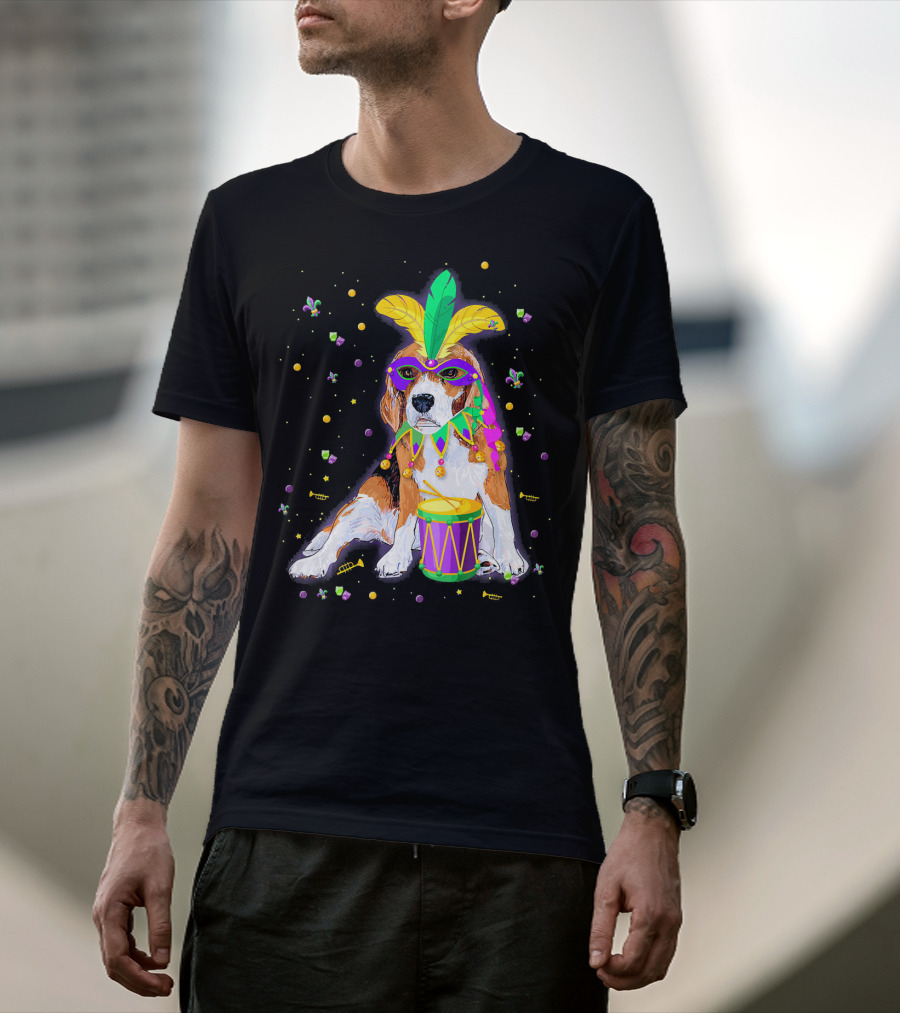 Mardi Gras Beagle In Mask With Feathers And Drum T-Shirt