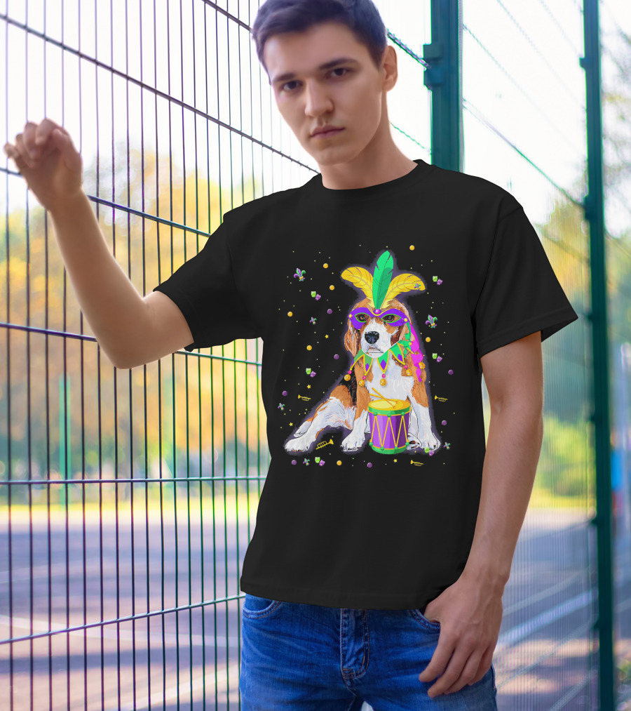Mardi Gras Beagle In Mask With Feathers And Drum T-Shirt