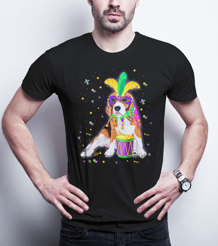 Mardi Gras Beagle In Mask With Feathers And Drum T-Shirt